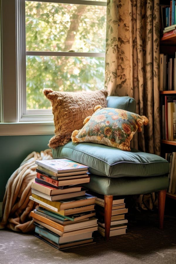 A Stack of Books Next To a Comfortable Reading Nook Stock Illustration ...