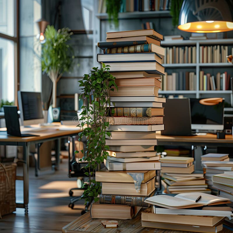 Stack of Books in an it Office, Library Stock Photo - Image of ...