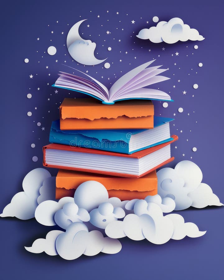 Enchanting Nighttime Reading Adventure Stack of Books with Moon, Stars ...