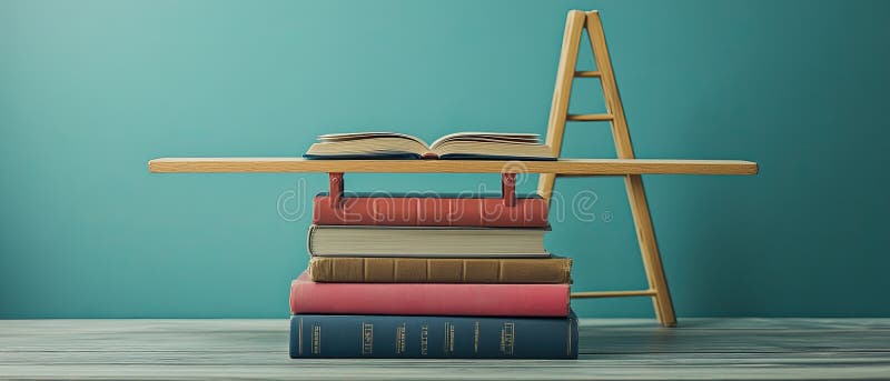 "STACK of BOOKS with OPEN BOOK on WOODEN PLANK and LADDER" Stock ...