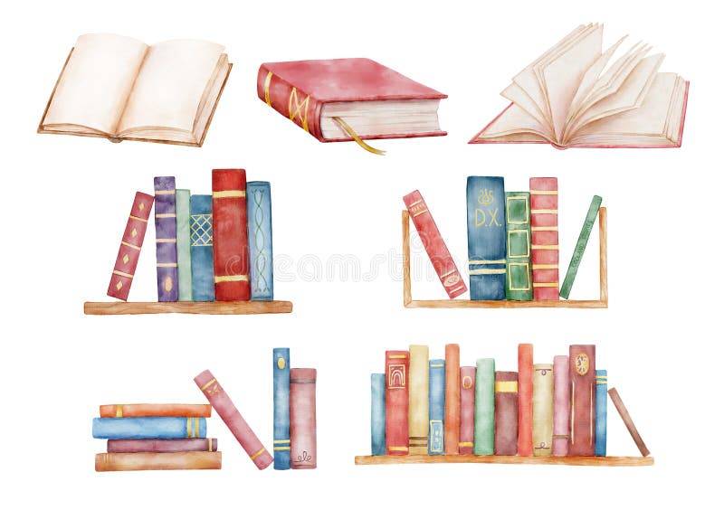 Stack of Books. Open Book and Bookshelf.Hand Drawn Literature for ...