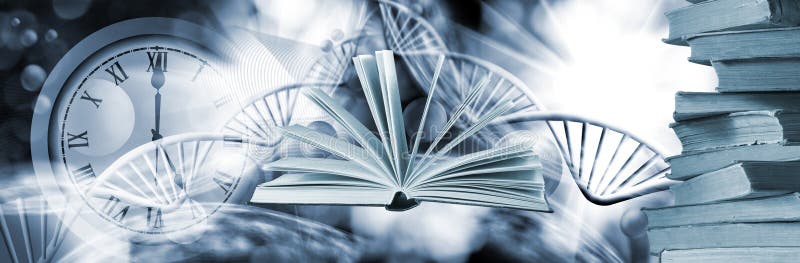 Stack of Books, an Open Book, a Clock Dial and Stylized DNA Models ...
