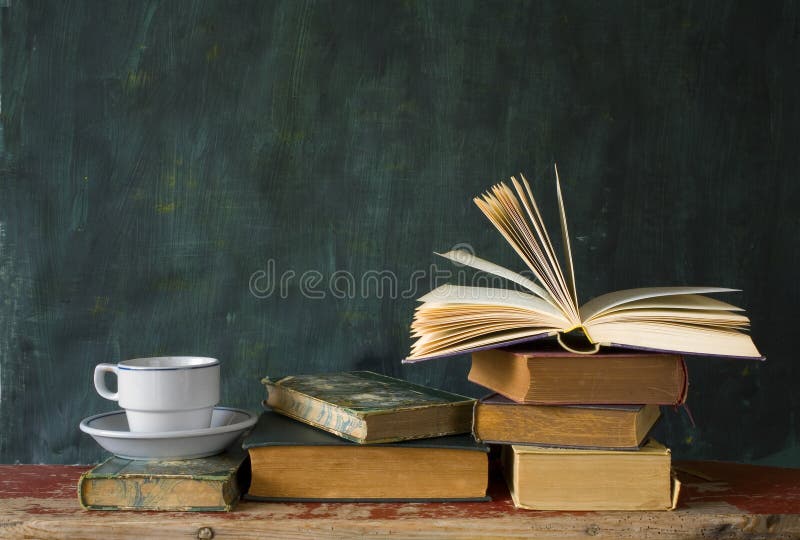 Audio Book Concept with Open Book, Row of Books an Headphones, Panorama ...