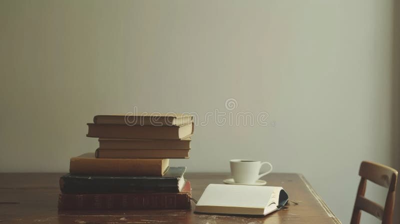 Stack of Books, Open Book, and a Cup of Coffee on a Wooden Table ...