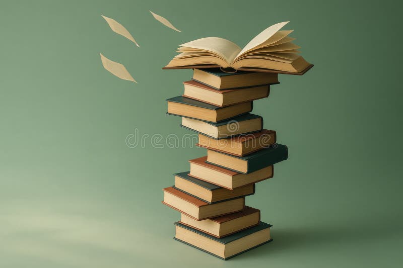 Stack of Books Open Book Pages Flying Knowledge Education Stock ...