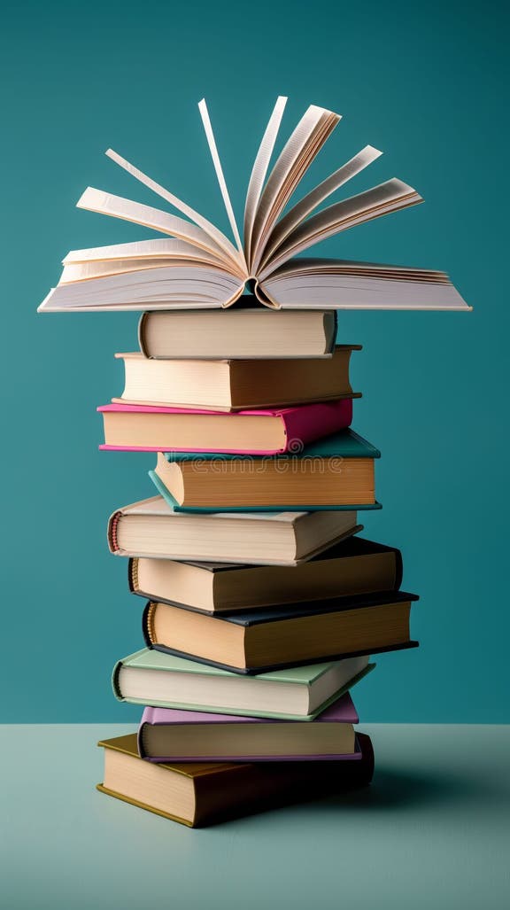 A Stack of Books with an Open Book Positioned on Top, Set Against a ...