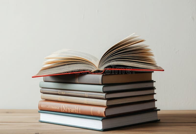 A Stack of Books with an Open Book Resting Stock Illustration ...