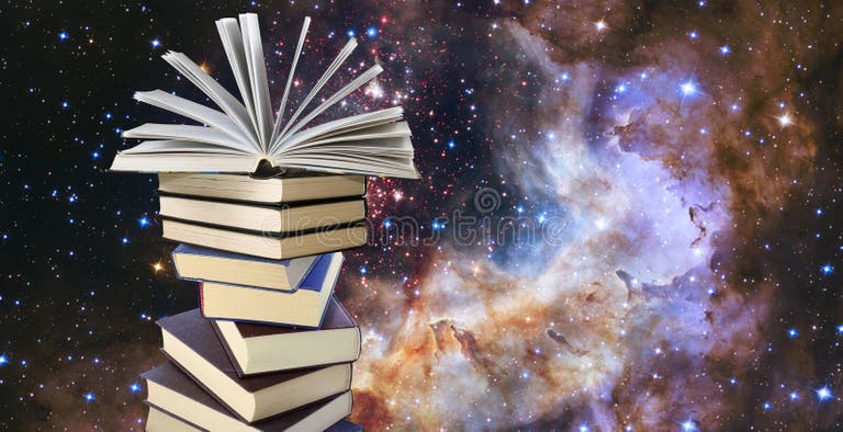 Stack of Books and an Open Book on Top of the Stack Against the Backdrop of a Cosmic Starscape ...