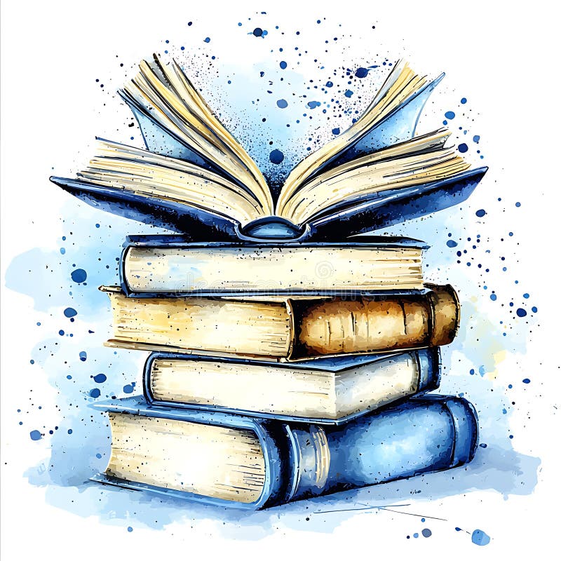 Stack of Books with Open Book on Top Artistic Watercolor Illustration ...