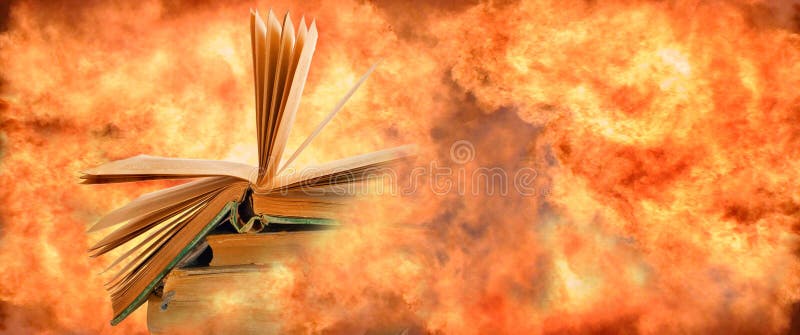 A Stack of Books and an Open Book on Top are on Fire and Around the ...