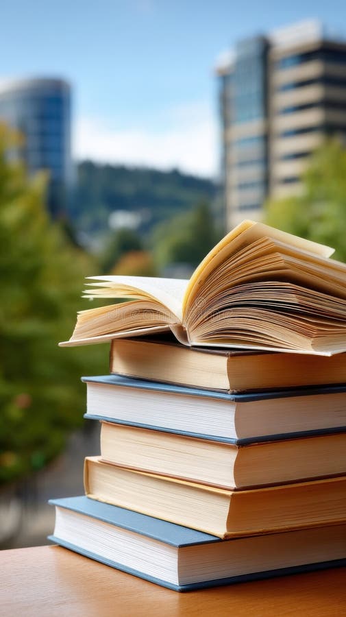 Stack of Books with Open Book on Top Outside with Buildings in ...