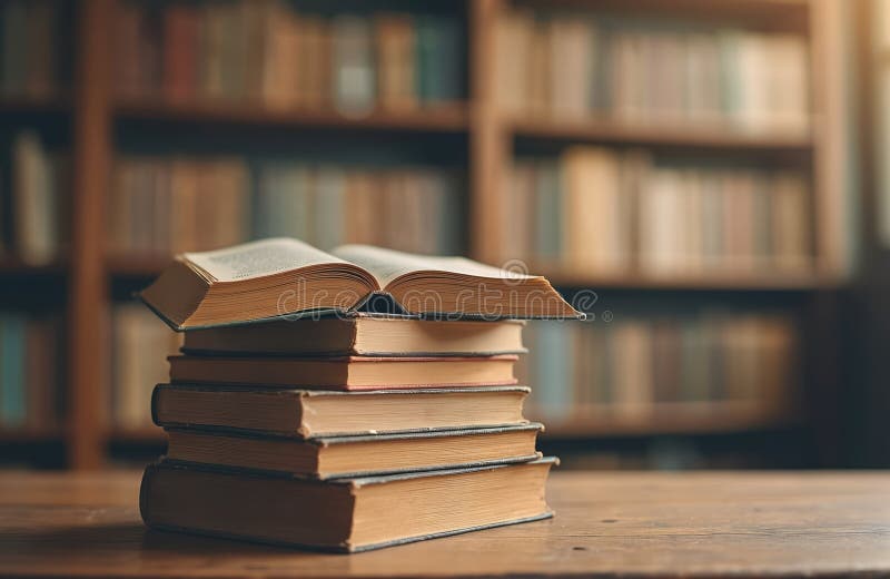 Stack of Books. Open Book on Top, Stacked on Wooden Desk. Library Study ...