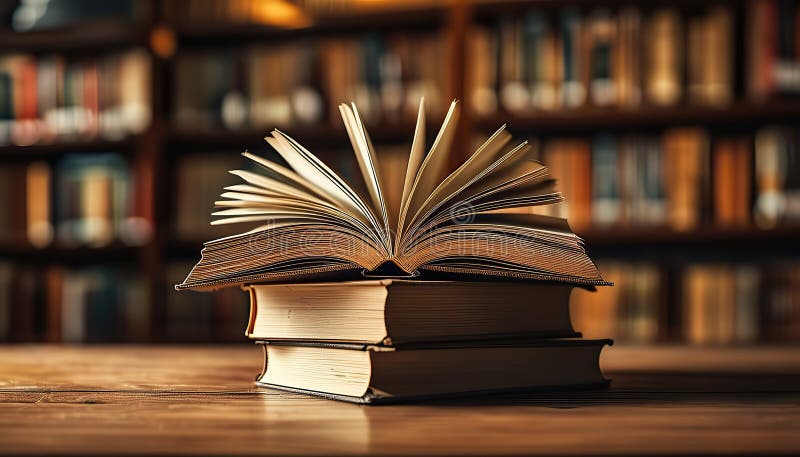 Stack of Books and an Open Book on Top of Them.. Bookshelf Blurred in ...