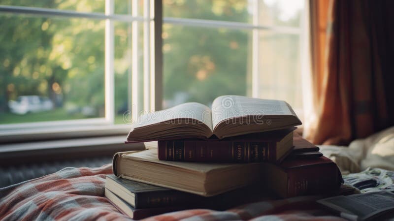 Stack of Books with Open Book on Top by Window, Soft Daylight. Cozy ...