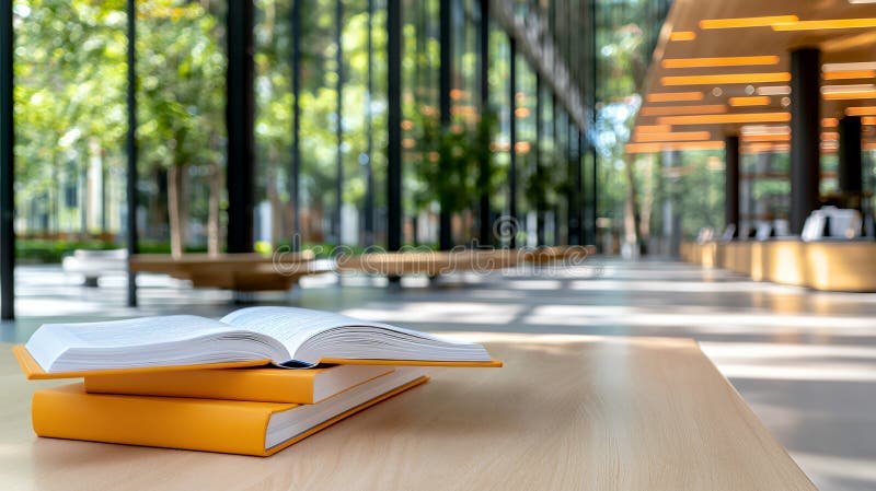 Stack of Books Open on Table in Bright Modern Space Stock Illustration ...