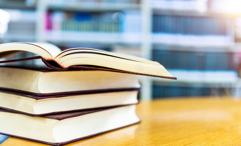 Stack of Books Opened on Desk Stock Image - Image of literature ...