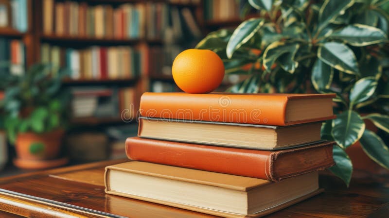 A Stack of Books with an Orange on Top Sitting in Front of a Plant, AI ...