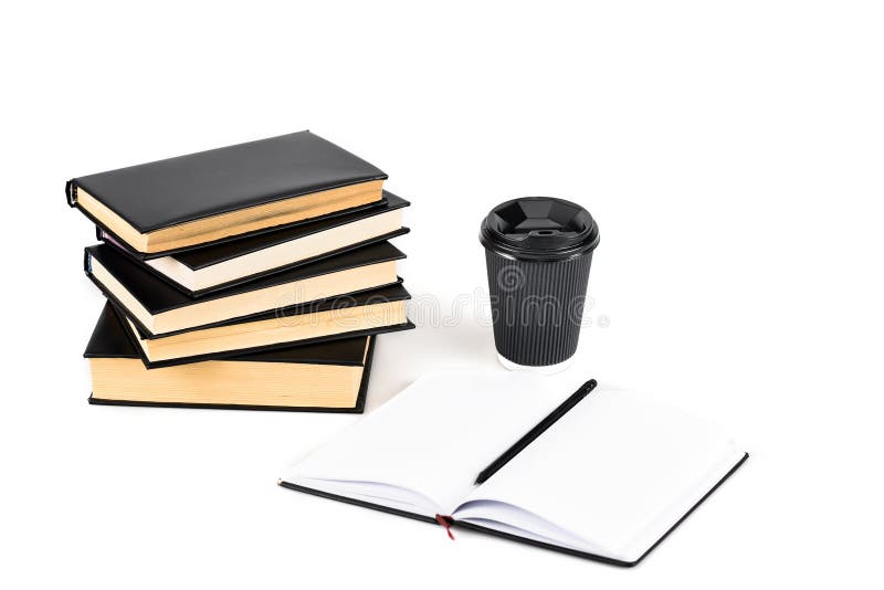 Stack of Books, Paper Cup, Notebook and Pencil on White. Stock Image ...
