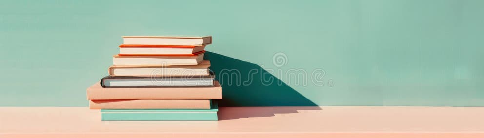 Stack of Books on a Peach Colored Surface Against a Turquoise Wall ...