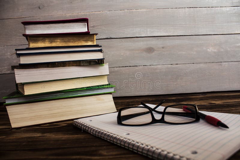 Stack of Books, Pecil, Notebook, Glasses, Study Stock Photo - Image of ...