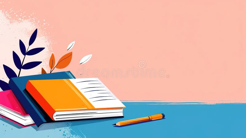Stack of Books, Pencil and Leaves on a Blue Table, with a Pink ...