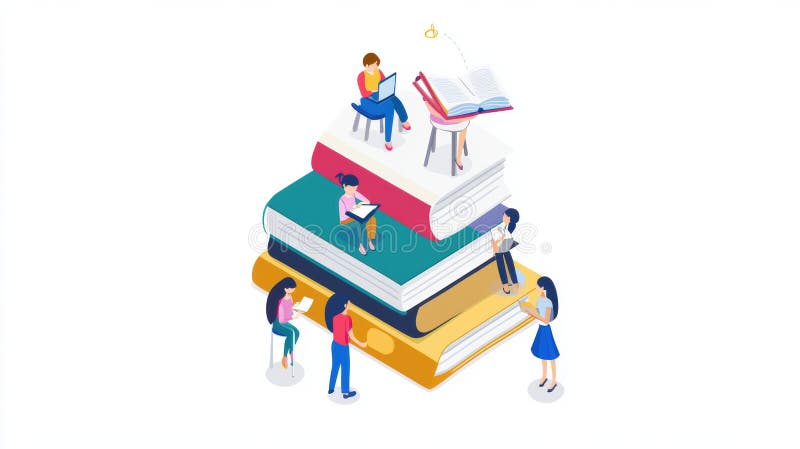 Stack of Books with People Studying Stock Illustration - Illustration ...