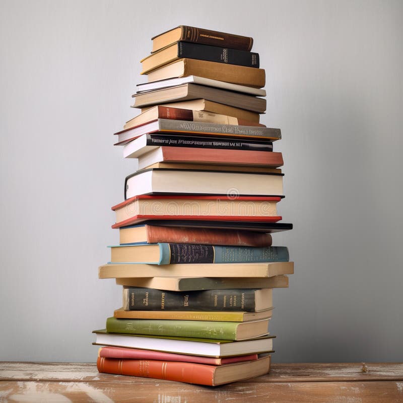 Stack of Books Placed on a Wooden Table Against a Backdrop of Gray ...
