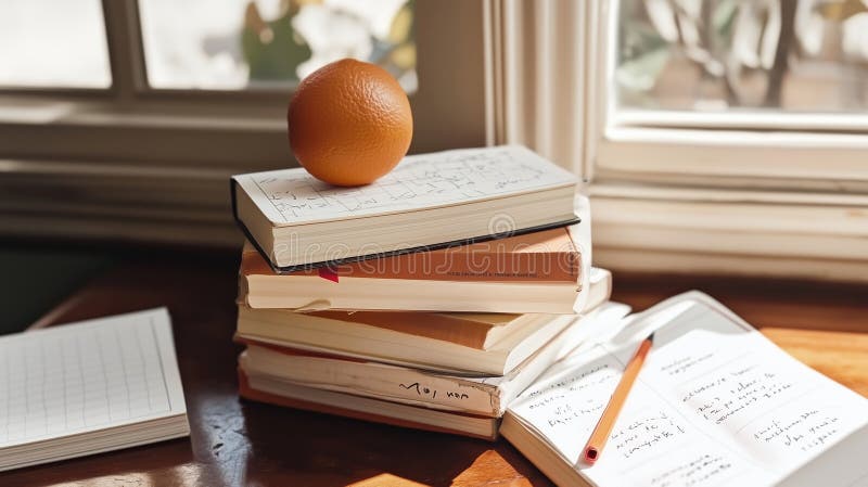 A Stack of Books is Placed on a Wooden Table Next To a Window, with ...