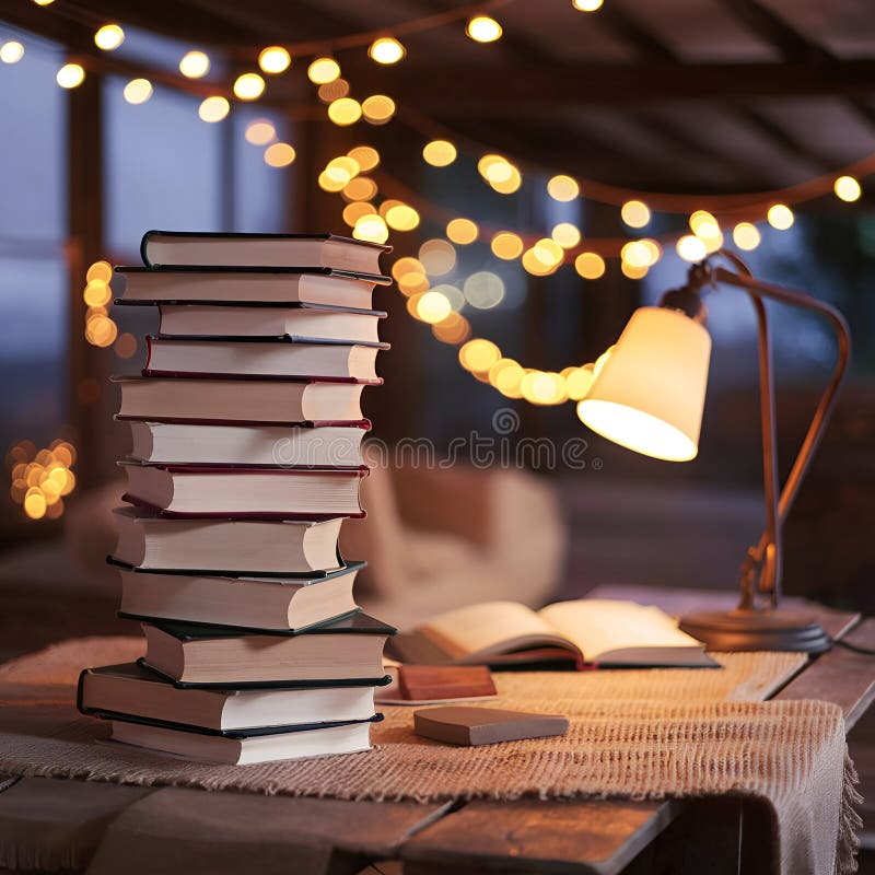 Stack of Books with Reading Lamp Education Learning Concept. Stock Illustration - Illustration ...