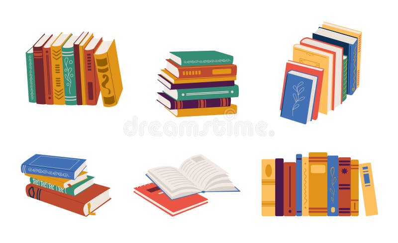 Book Stacks. Flat Style Textbooks, Novel Books or Diaries on Shelf ...