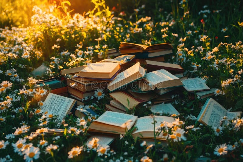 A Stack of Books Resting on a Field of Colorful Flowers Stock Image ...