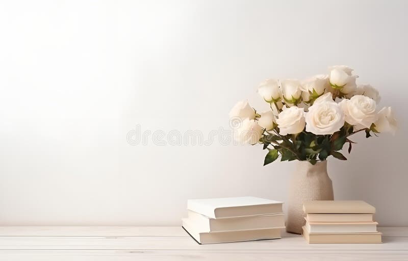 Stack of Books and Rose Flowers in Vase on Wooden White Floor in Empty ...