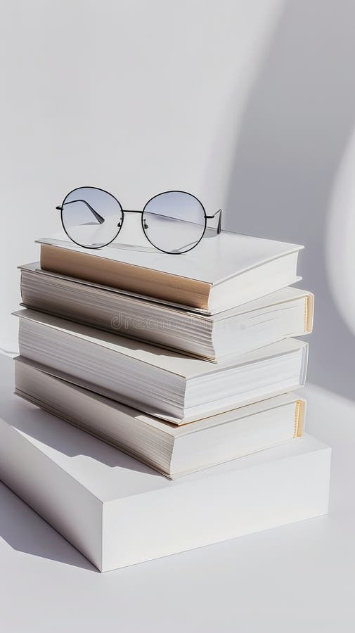 Stack of Books with Round Eyeglasses on Top, Minimalistic Still Life ...