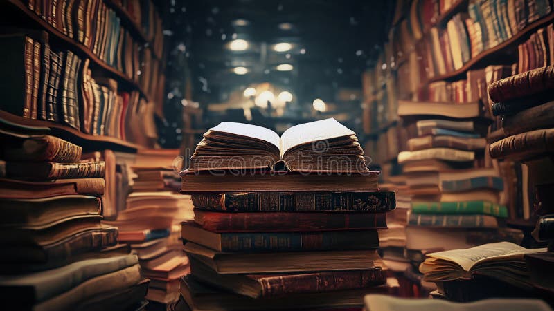 Stack of Books with Rows of Bookshelfs in Library Paper Old Archive ...
