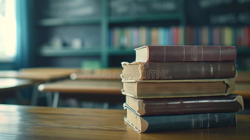 Stack of Books on School Desk with Bookshelf at the Back of the ...