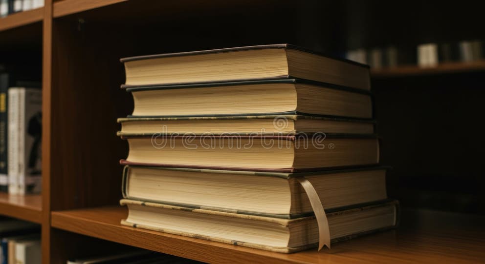 Stack of Books on Shelf in Library or Bookstore Setting Stock ...