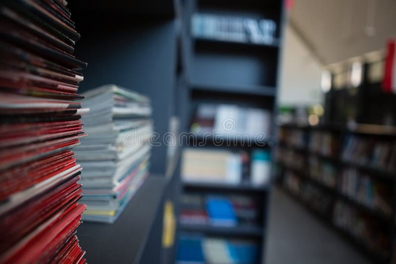 Stack of Books on Shelf in Library Stock Photo - Image of magazine ...