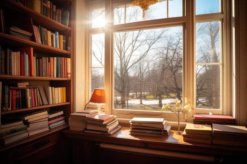 Stack of Books on Shelves, with View of Peaceful Park Visible through ...
