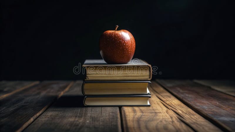 Stack of Books with a Shiny Red Apple on Top Displayed on a Wooden ...
