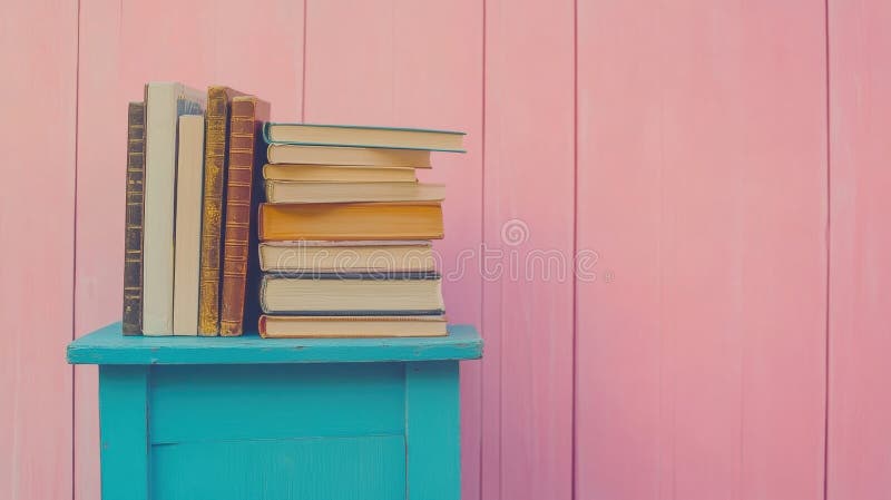 A Stack of Books Sitting on Top of a Blue Table Stock Illustration ...