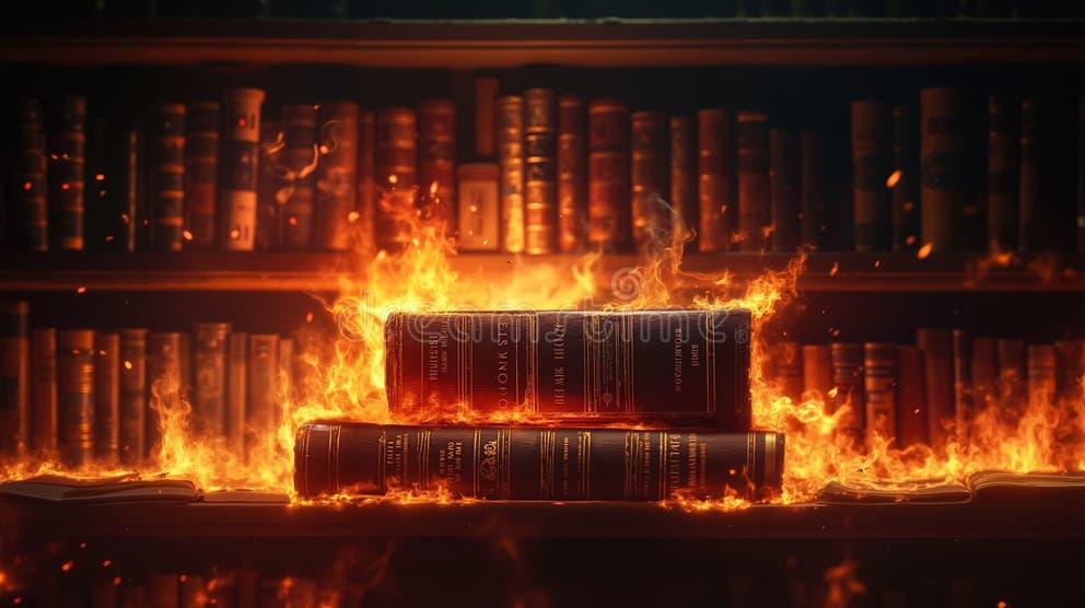 A Stack of Books Sitting on Top of a Bookshelf Covered in Fire Stock ...