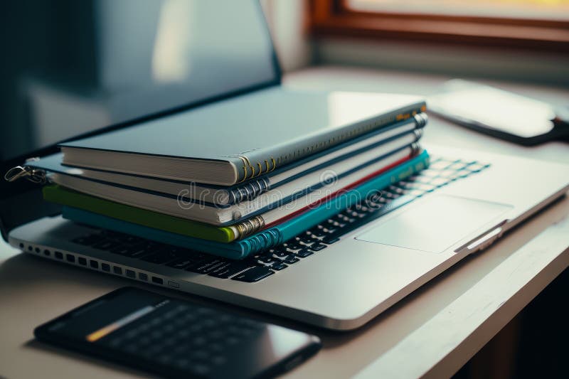 Stack of Books Sitting on Top of Laptop Computer Next To Stack of Books ...