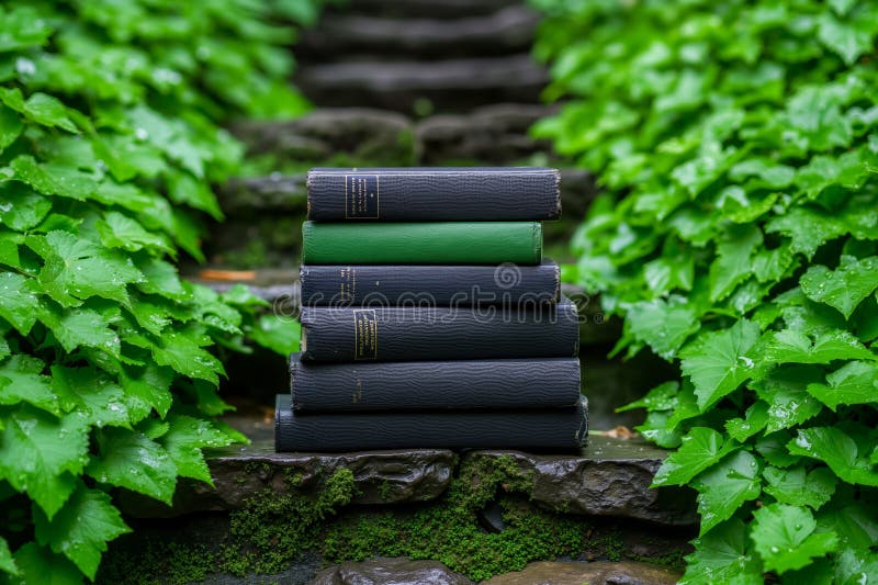 A Stack of Books Sitting on Top of a Stone Wall Covered in Green Leaves ...