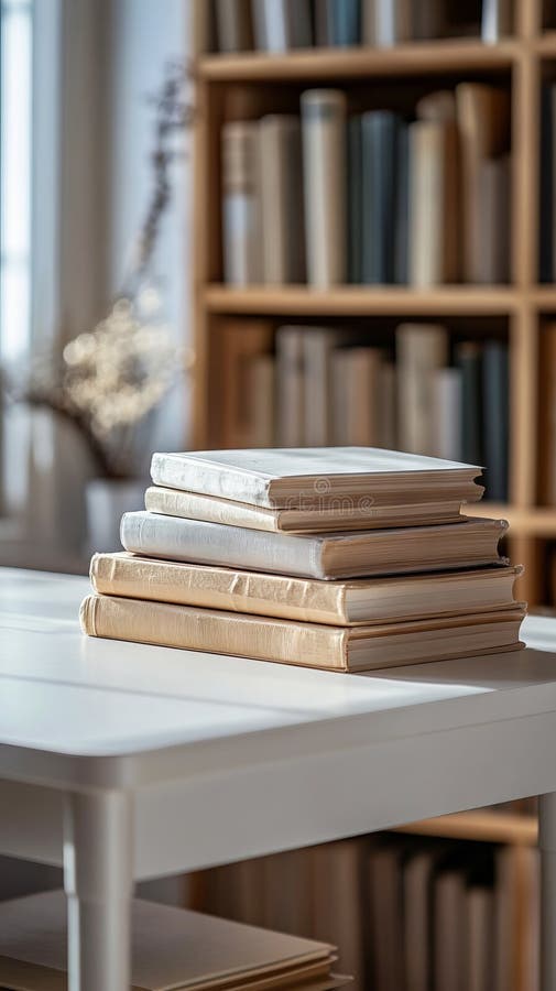 A Stack of Books Sitting on Top of a White Table Stock Image - Image of ...