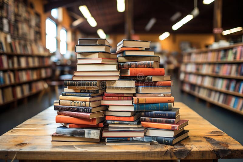 A Stack of Books Sitting on Top of a Wooden Table in Big Bookstore ...