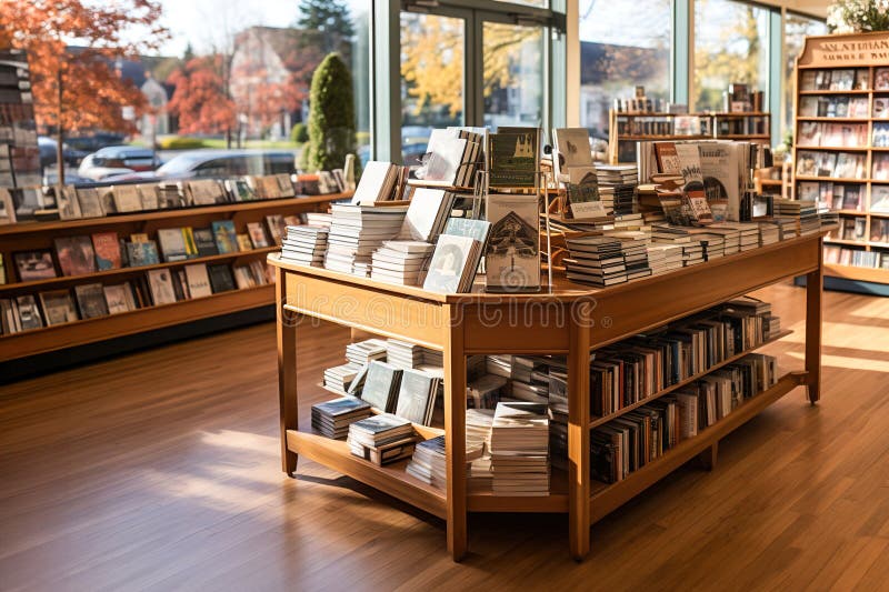 A Stack of Books Sitting on Top of a Wooden Table in Big Bookstore ...