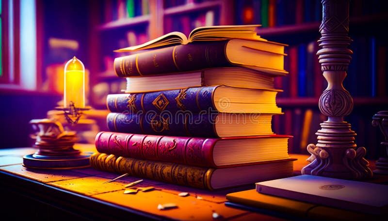 Stack of Books Sitting on Top of Wooden Table. Fantasy Stock ...