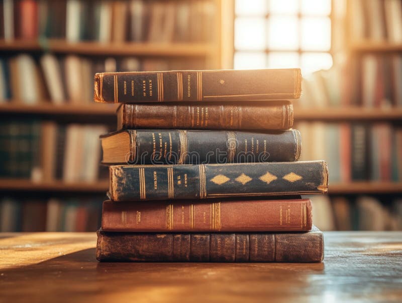 A Stack of Books Sitting on Top of a Wooden Table, Great for Depicting ...