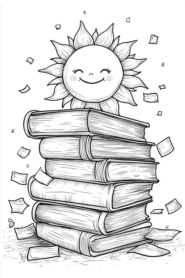 Stack of Books with Smiling Sun Coloring Page for Kids Stock ...
