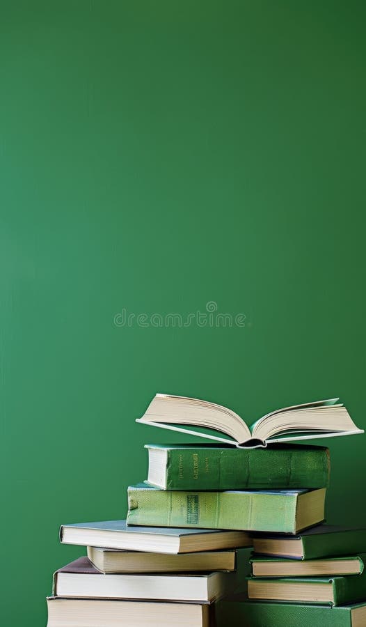 Stack of Books on a Solid Green Background with an Open Book on Top ...
